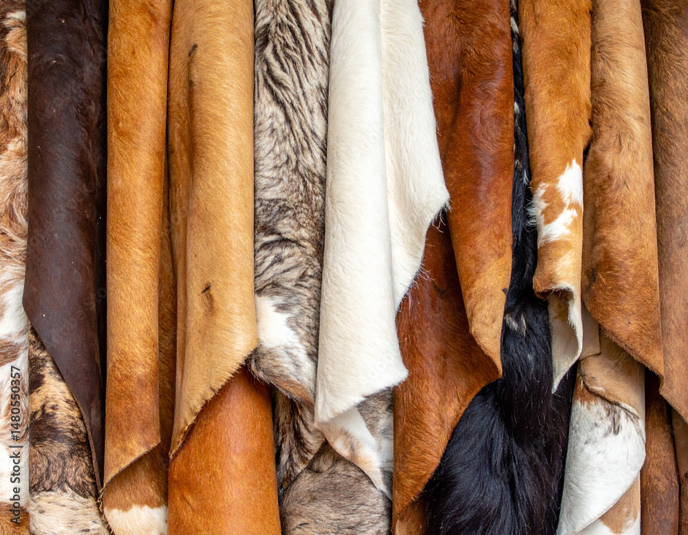 Textures of various South African animal hides and skins, representing ...