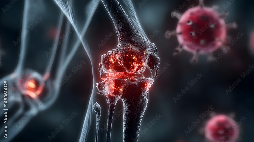 Stock-Illustration „Knee joint x-ray with torn meniscus, glowing red ...