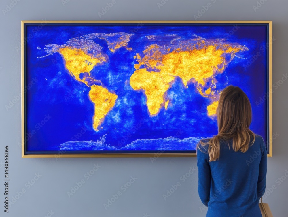 Woman viewing vibrant world map art in gallery setting back view of ...