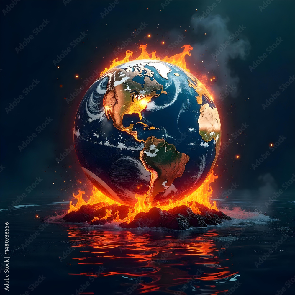 Planet earth melting with fire and water, global warming concept, dark ...