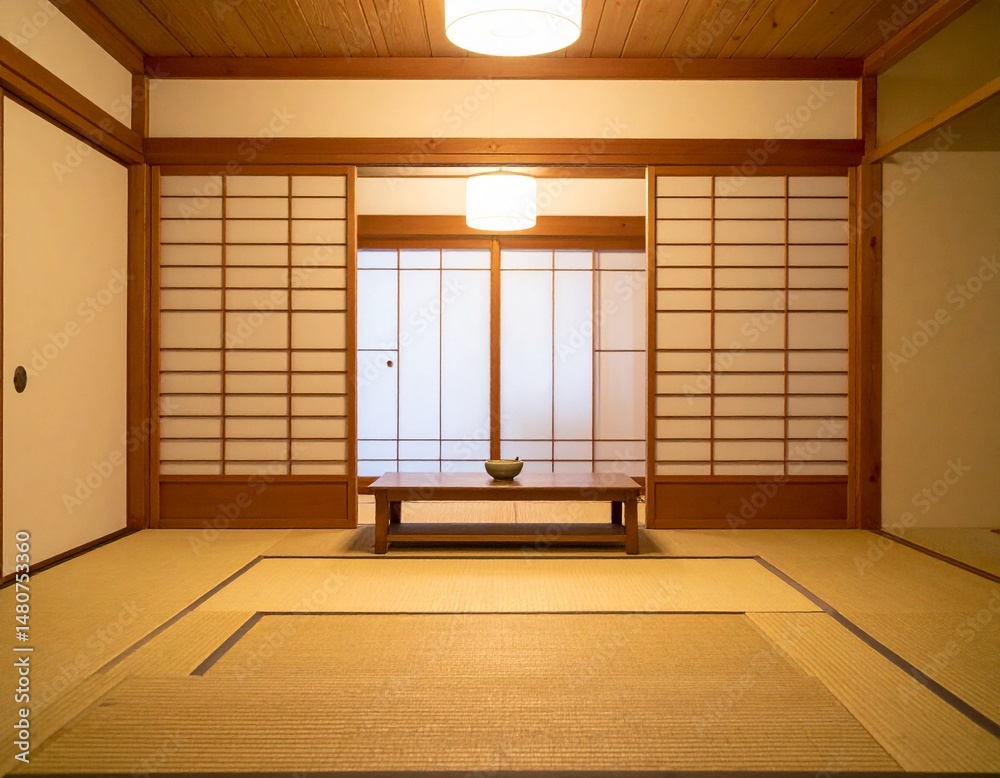 Minimalist Japanese tea room with tatami flooring, sliding shoji doors ...