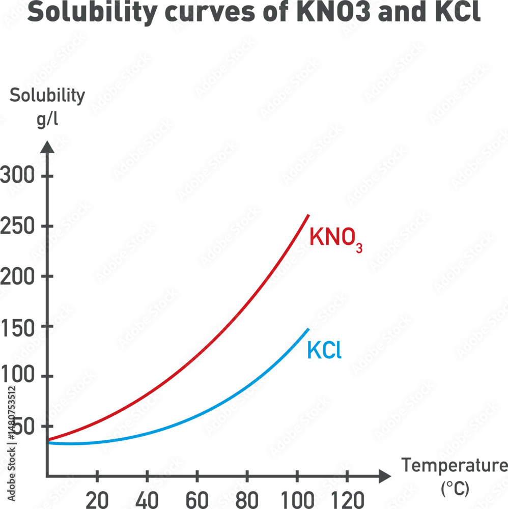 Solubility curves graph of KNO3 and KCl diagram. Scientific vector illustration isolated on ...