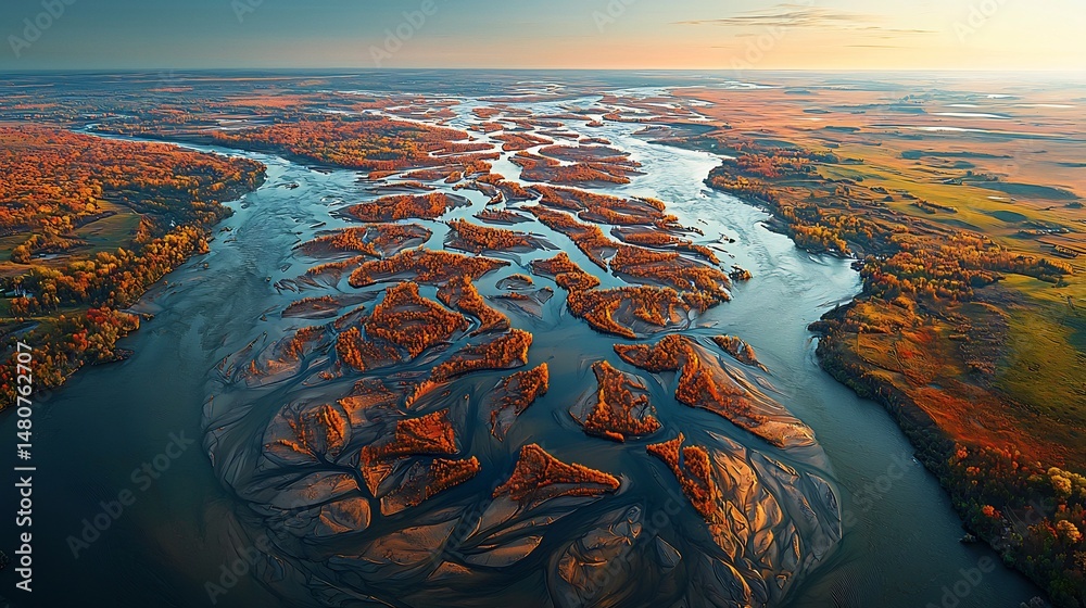 Sweeping aerial view of river delta drone capturing full branching ...