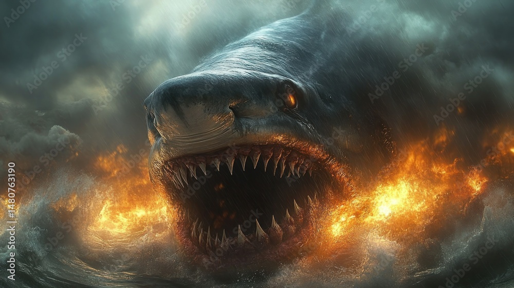 Mythical shark monster emerging from the storm Stock Photo | Adobe Stock