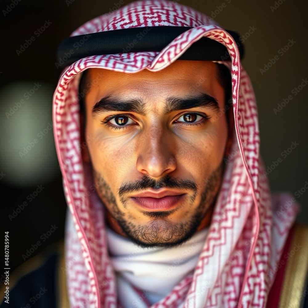 Gros plan, photo rapprochée d'un homme d'origine arabe, portant une ...