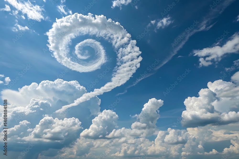 Stunning Spiral Cloud Formation in a Vivid Blue Sky with Puffy Cumulus ...