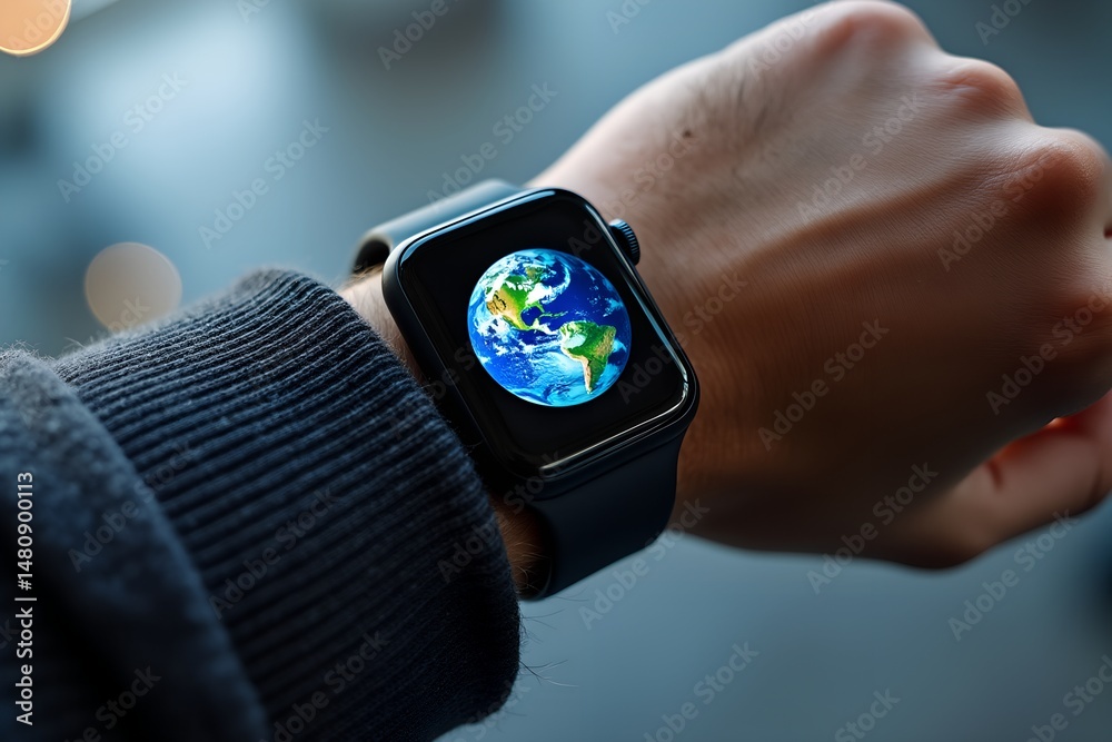 Smartwatch displaying Earth map on wrist in modern environment Stock ...