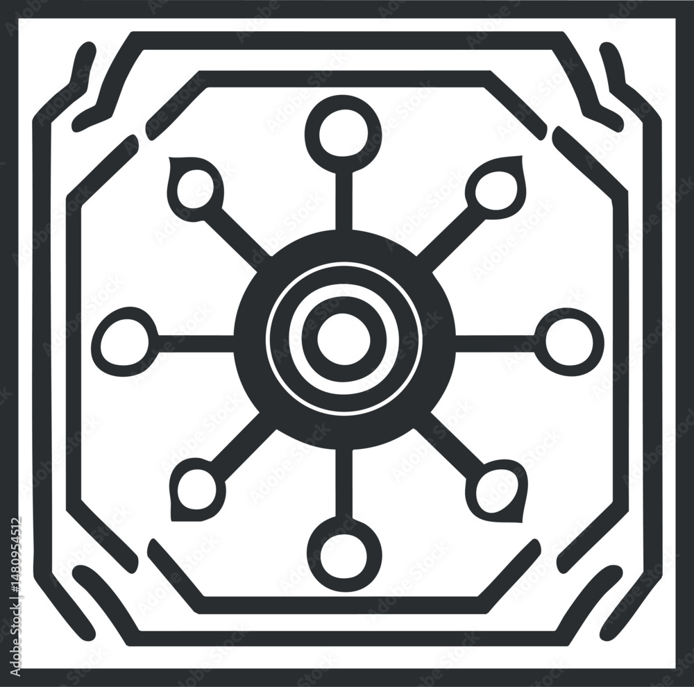 Black and white icon representing a central network hub with connected nodes and lines Stock ...