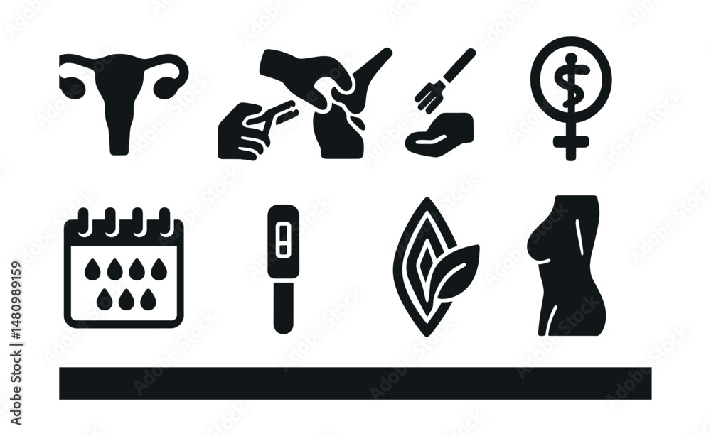 Solid style icons of gynecology: uterus icon, pelvic exam, pap smear ...