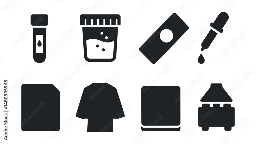 Solid style icons of laboratory testing: blood vial, urine container ...