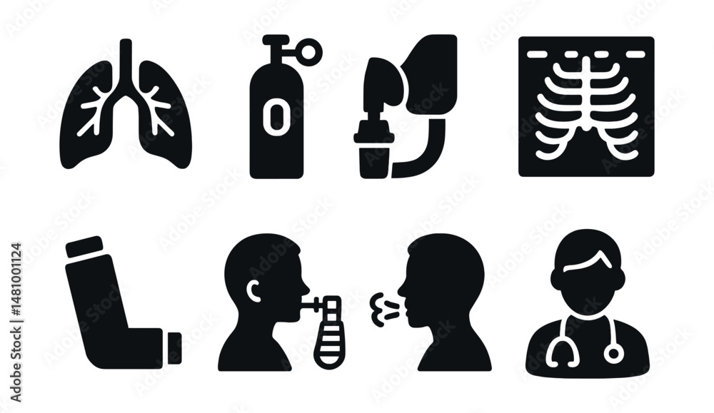 Solid style icons of respiratory care: lungs icon, oxygen tank ...