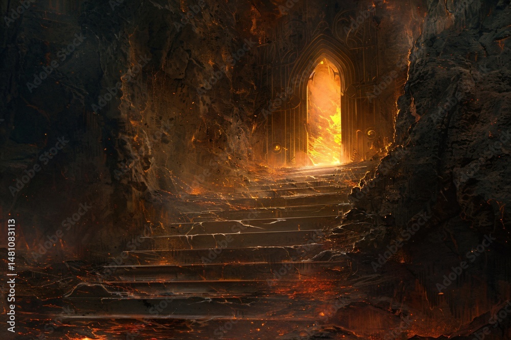 Dark cavern with fiery stairway leading to glowing doorway. Eerie ...