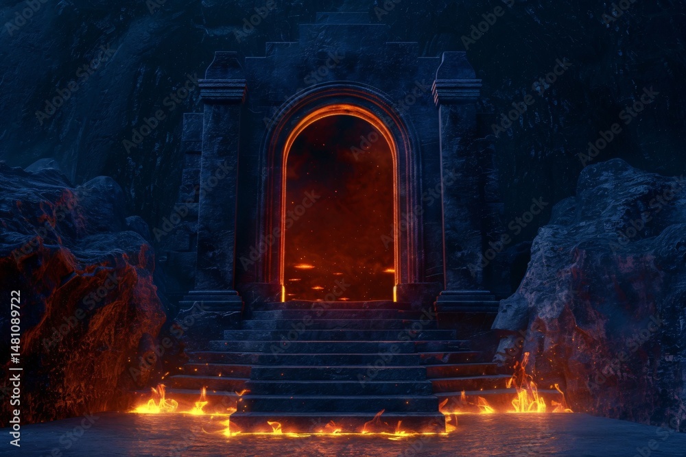 Gateway to hell concept. Fiery portal in ancient stone arch, dark ...