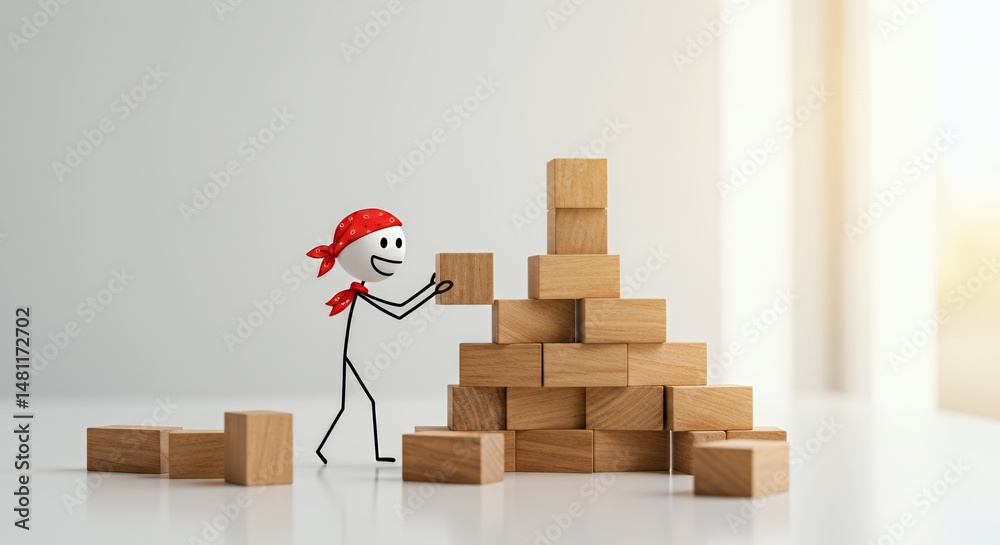 Stickman Builds Pyramid from Wooden Blocks to Symbolize Business ...