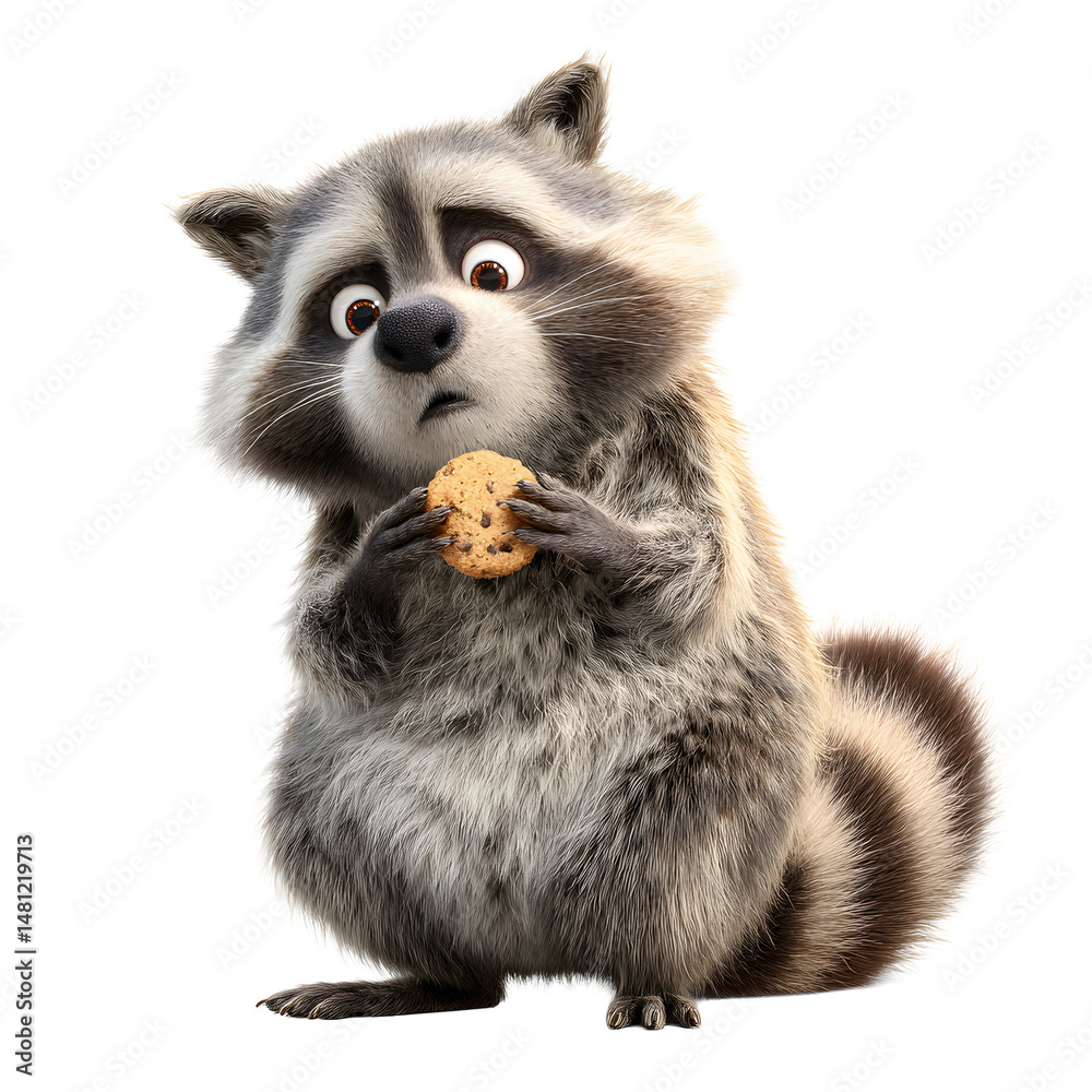 Cartoon raccoon with a concerned expression, holding a chocolate chip ...