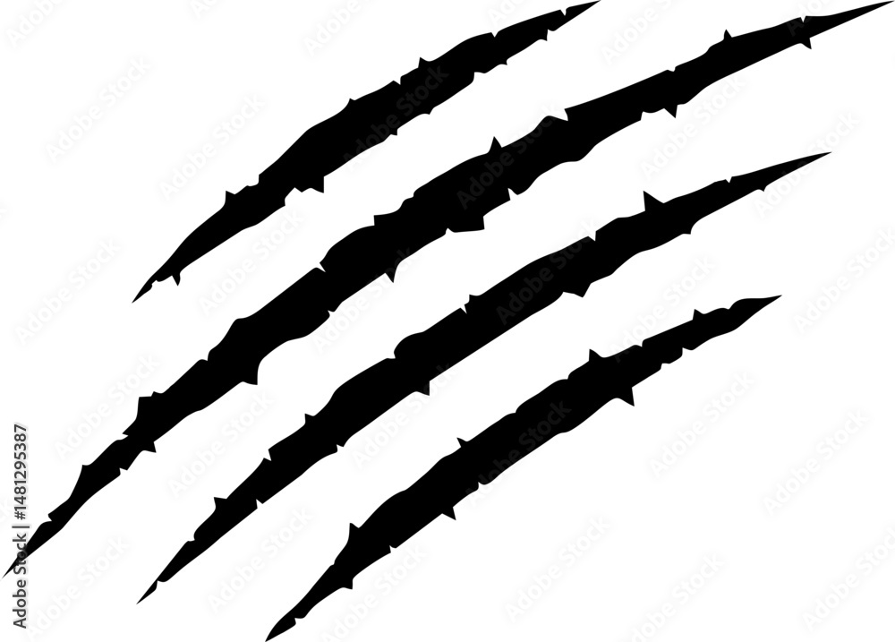 A stark black vector illustration depicts four diagonal claw marks or ...