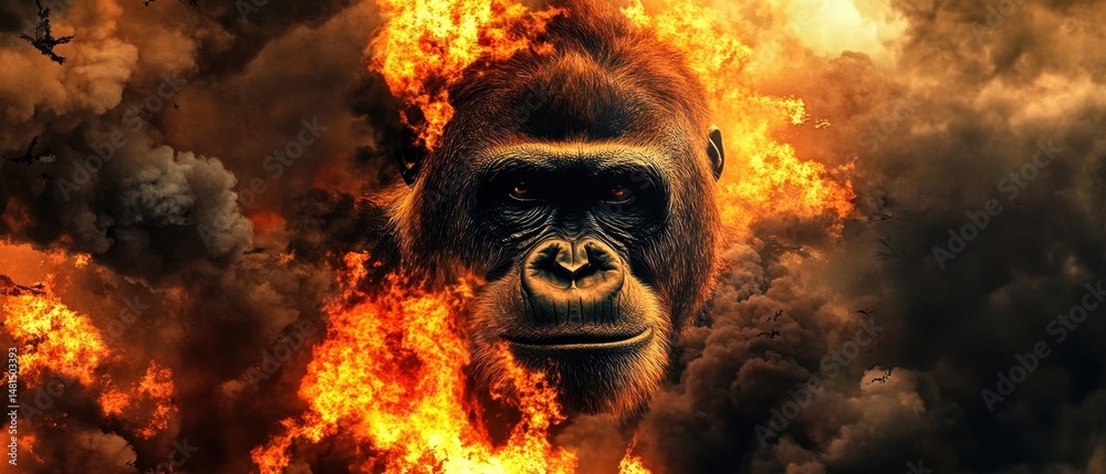 Gorilla Portrait in Inferno of Fire and Smoke Dramatic Close Up Animal ...