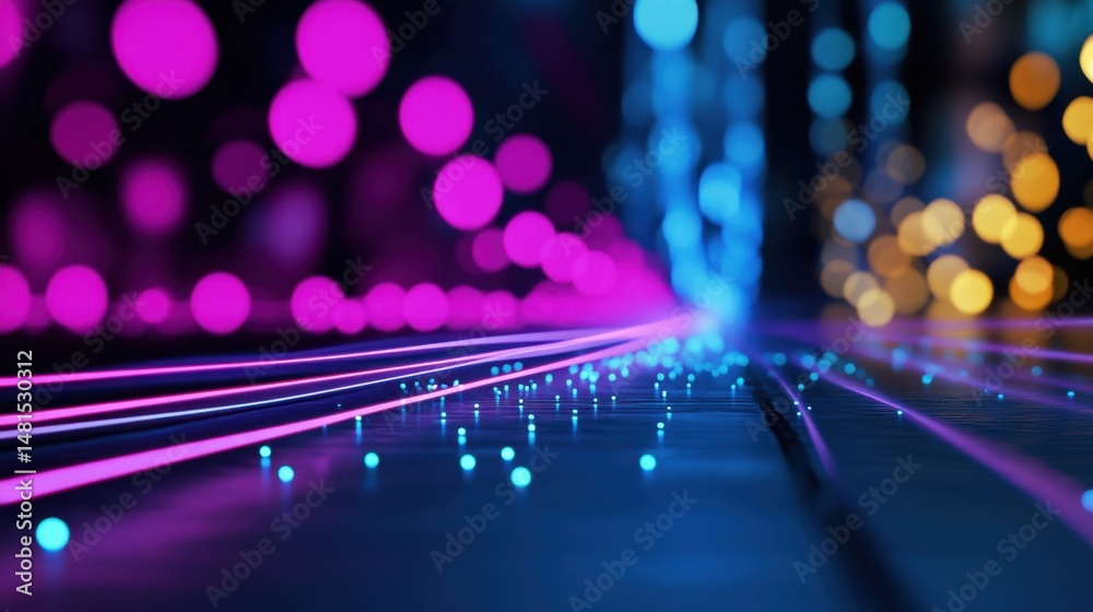 Laser beam lines and glowing dots on a nightclub stage with a dark ...