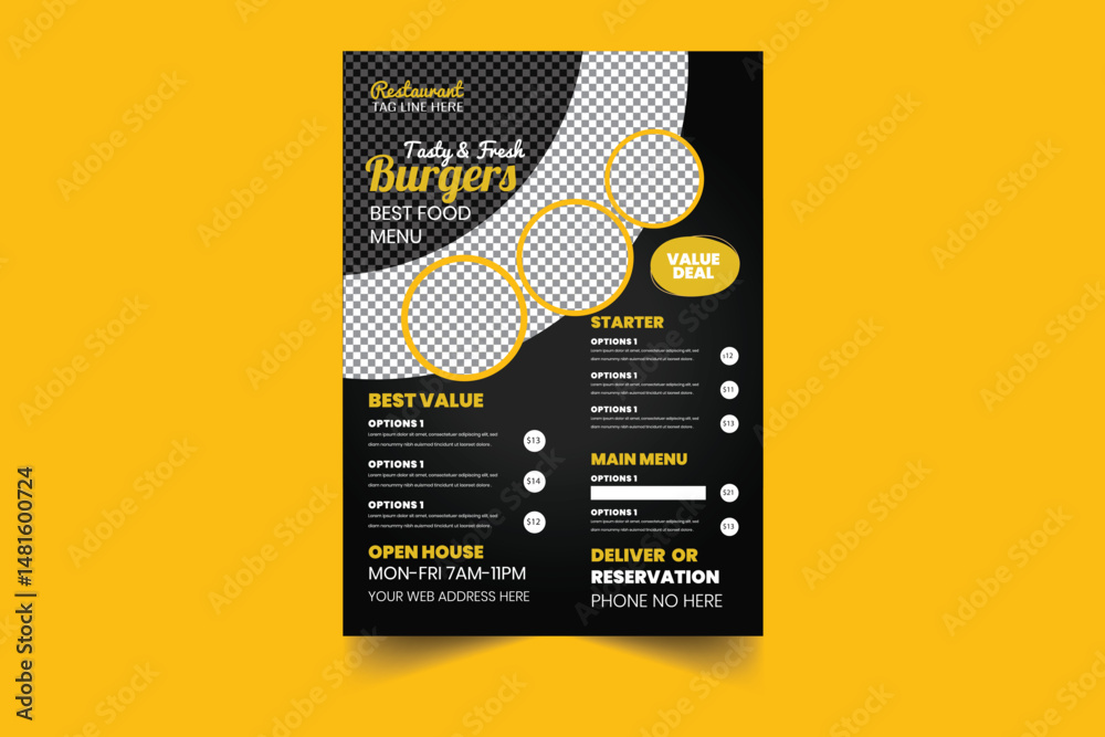 Modern Burger Restaurant Food Menu Flyer Template – Editable PSD for ...