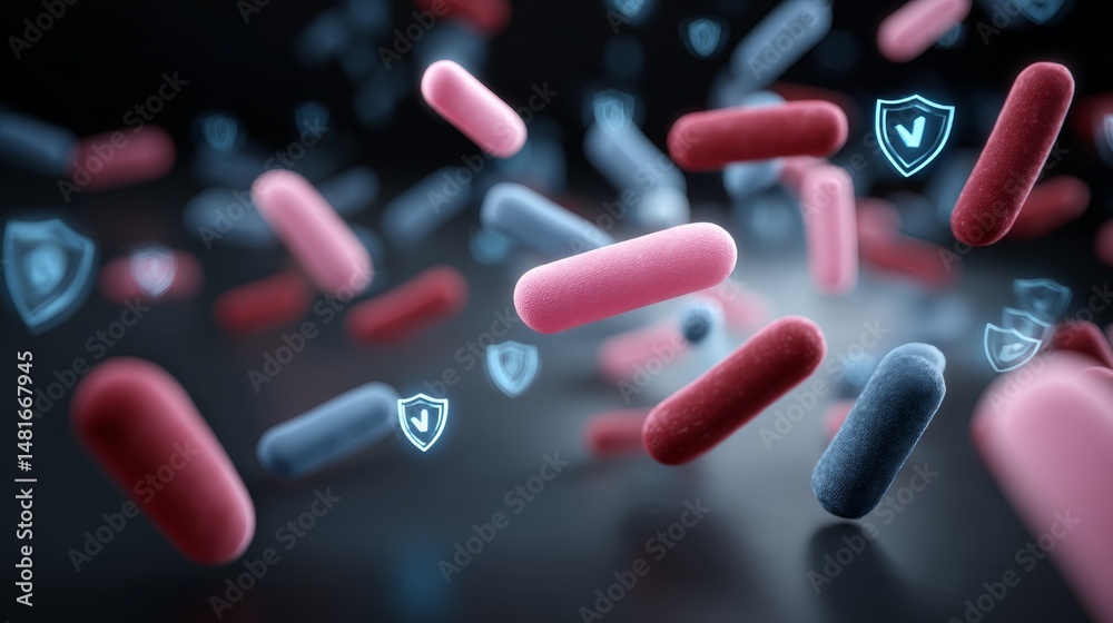 This conceptual graphic depicts bacteria colliding with shield icons ...