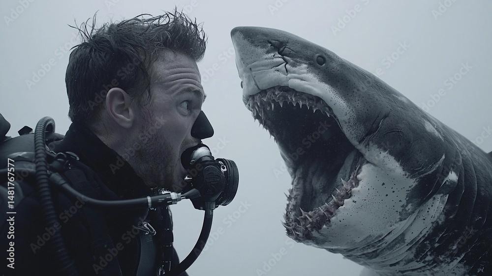 Underwater peril: Diver confronts a colossal great white shark in open ...