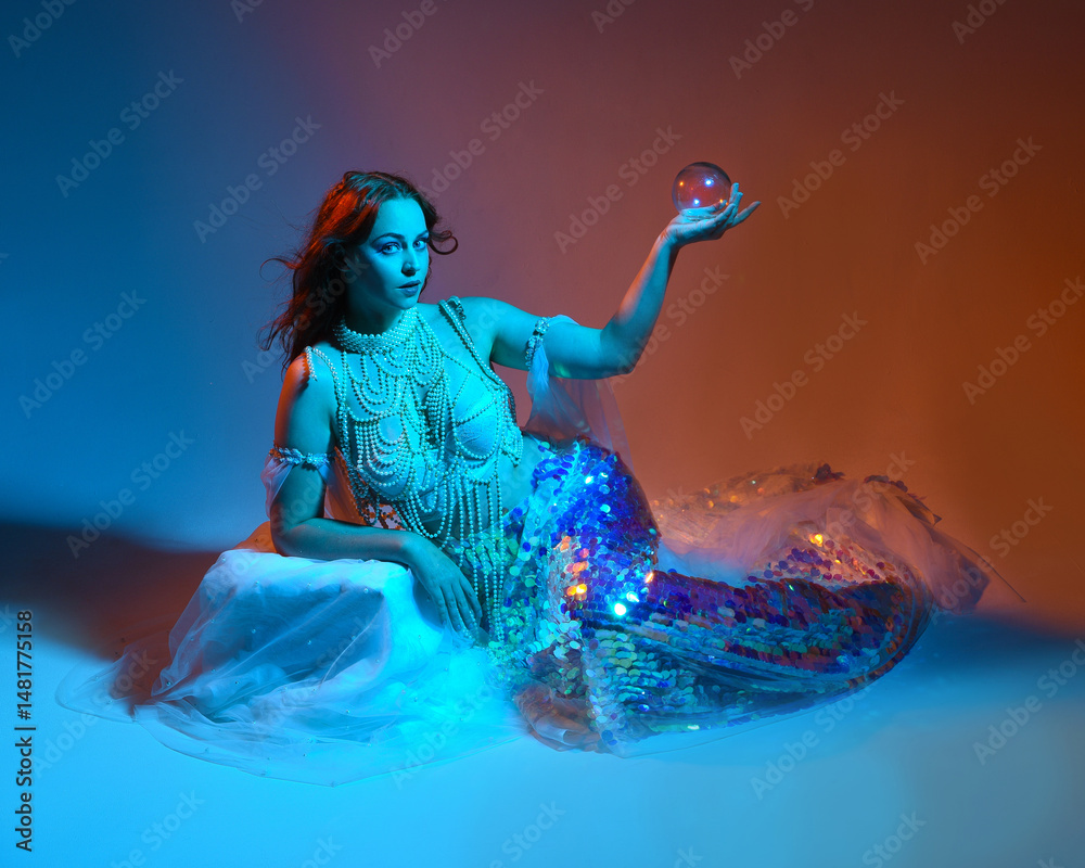 Fantasy studio portrait of a red-haired mermaid faery model wearing ...