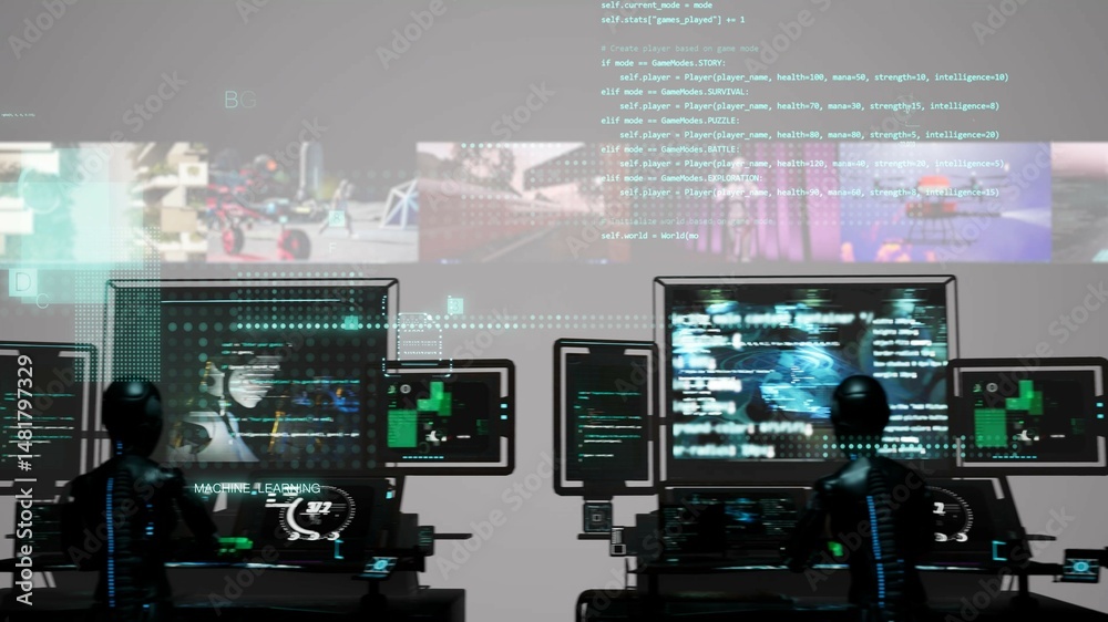 illustration of futuristic setup with humanoid robot figures working at computer workstations ...
