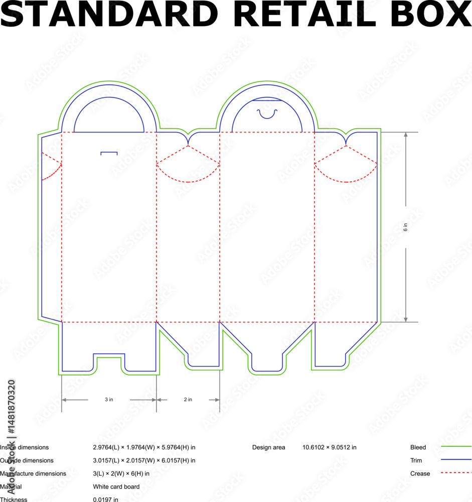 Detailed technical diagram of a standard retail box packaging template ...