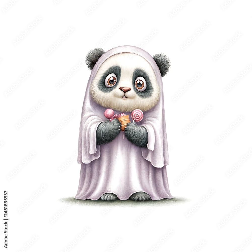 Cute panda dressed as ghost enjoying ice cream and candy in a playful ...