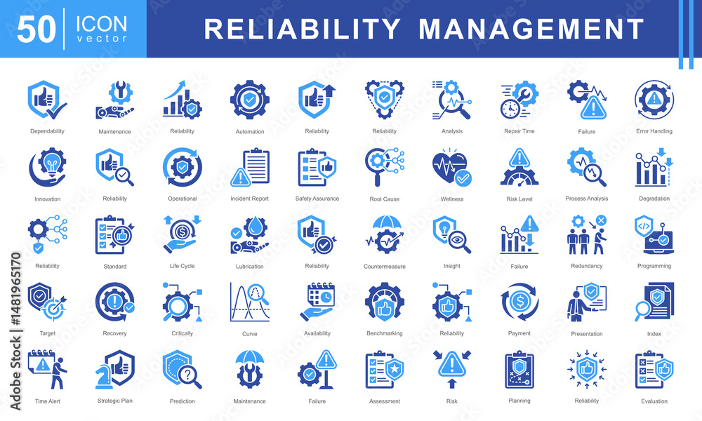 Reliability Management icon set featuring icons for system assessment ...