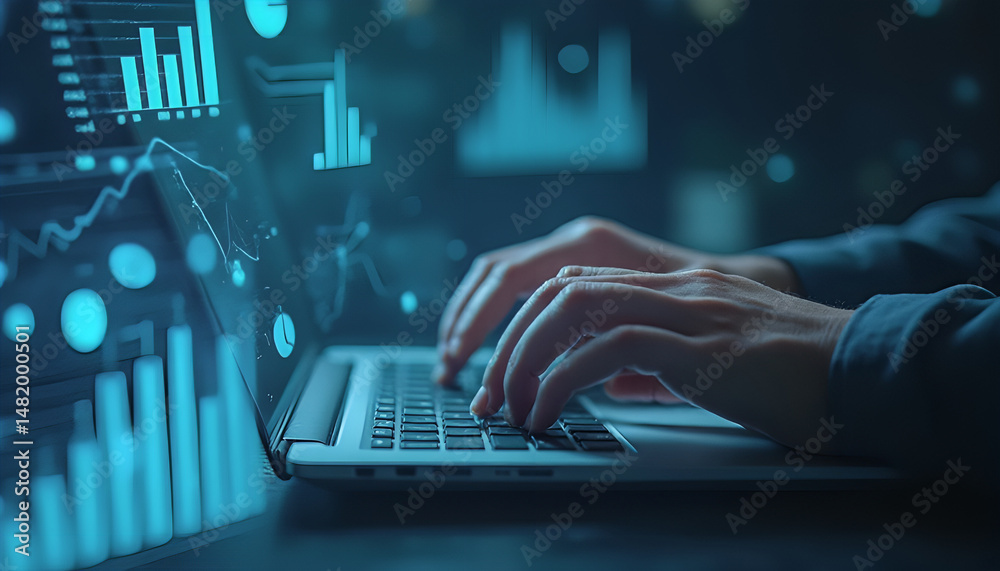Hands typing on a laptop displaying futuristic data visualizations and ...
