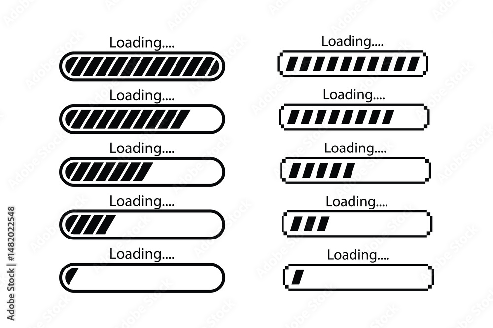 Pixel art loading bar concept. Loading bar, status Icons and Progress Bar icons Vector Set in ...