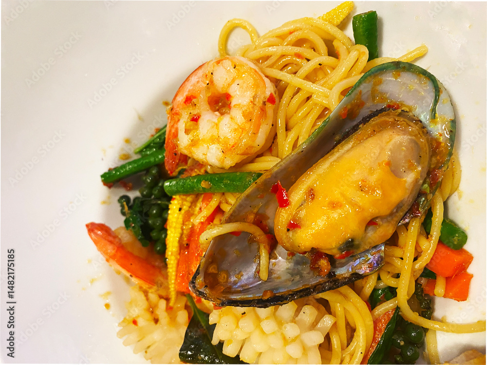 Thai Drunken Spaghetti (Spaghetti Kee Mao) black plate. Seafood, shrimp ...