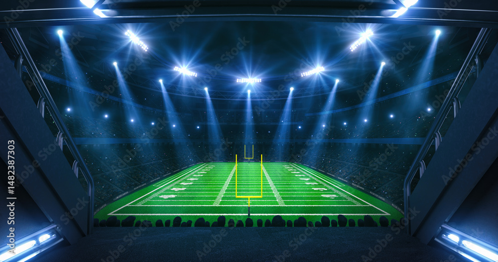 Entrance to a floodlit sports stadium full of cheering fans with an ...