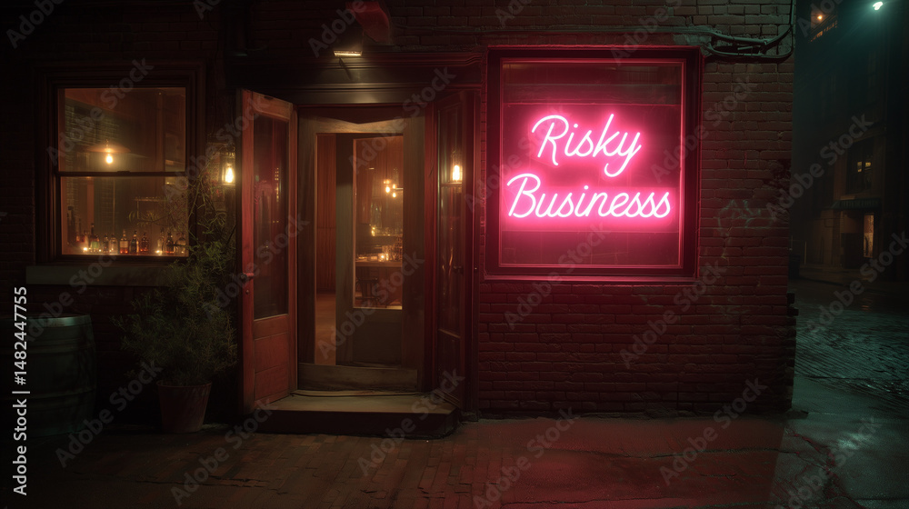 Vintage Style Storefront With Pink Risky Business Neon Sign In Alley At ...