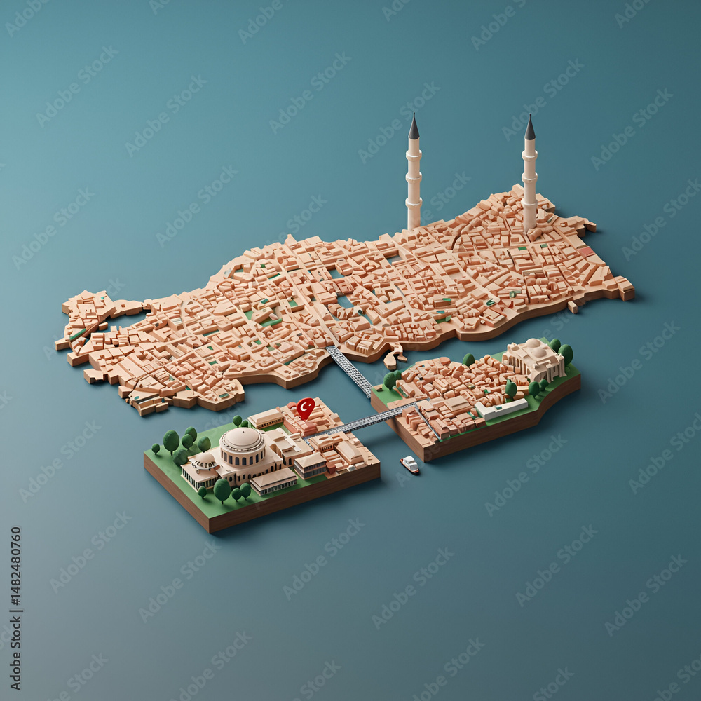 Istanbul city map, 3D model, tourism illustration. Detailed, stylized ...