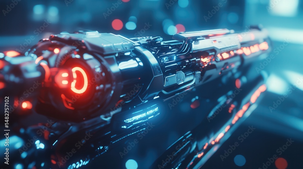 futuristic rifle, featuring sleek metallic finishes, advanced optics ...