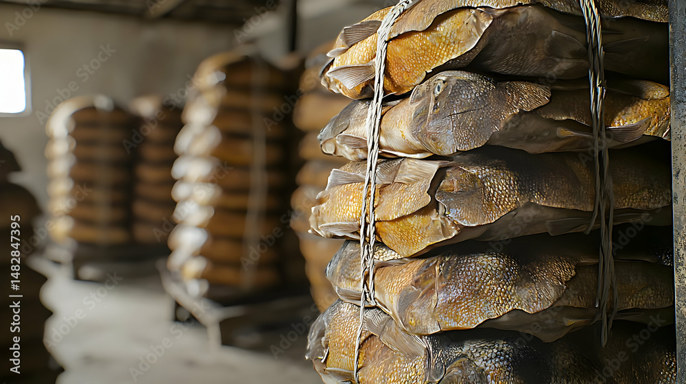ภาพประกอบ Stock Stacks of cured hides in a warehouse. Cured animal ...