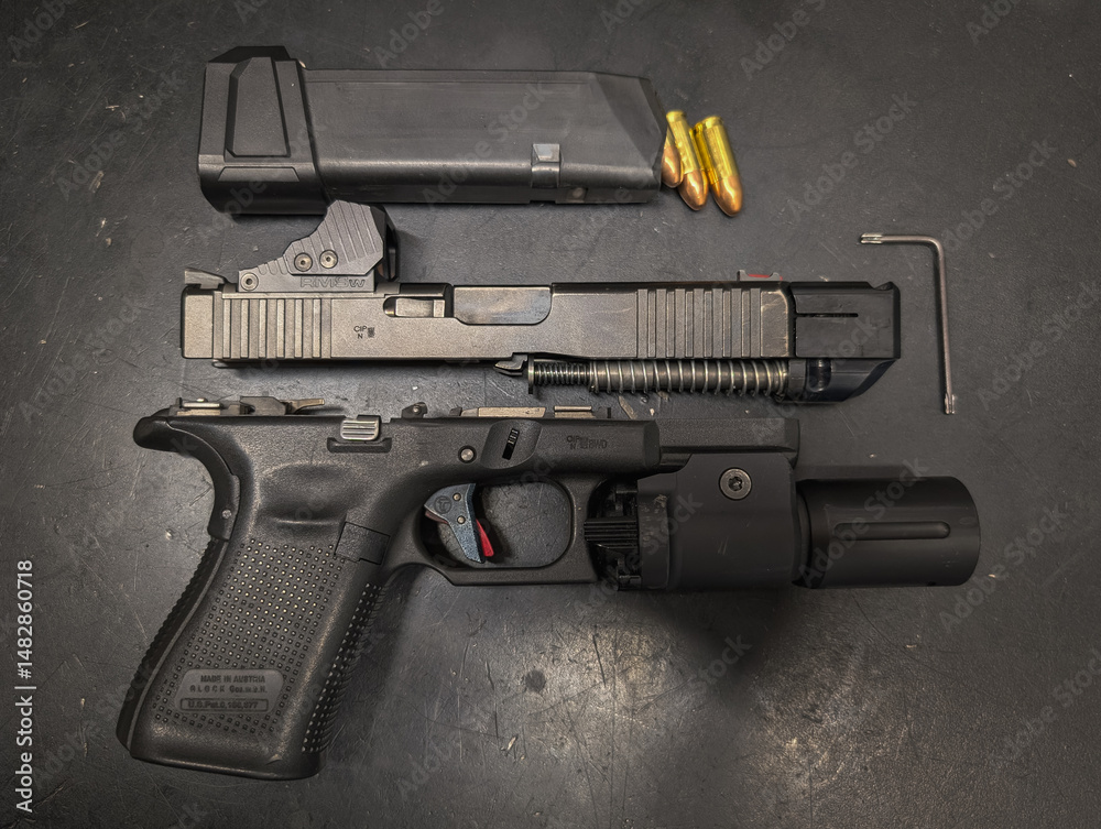 Baltics May 15, 2025. Custom Glock 19 pistol with compensator, red dot ...