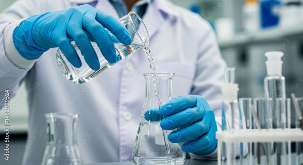 Chemical experiment in laboratory science research facility action shot ...