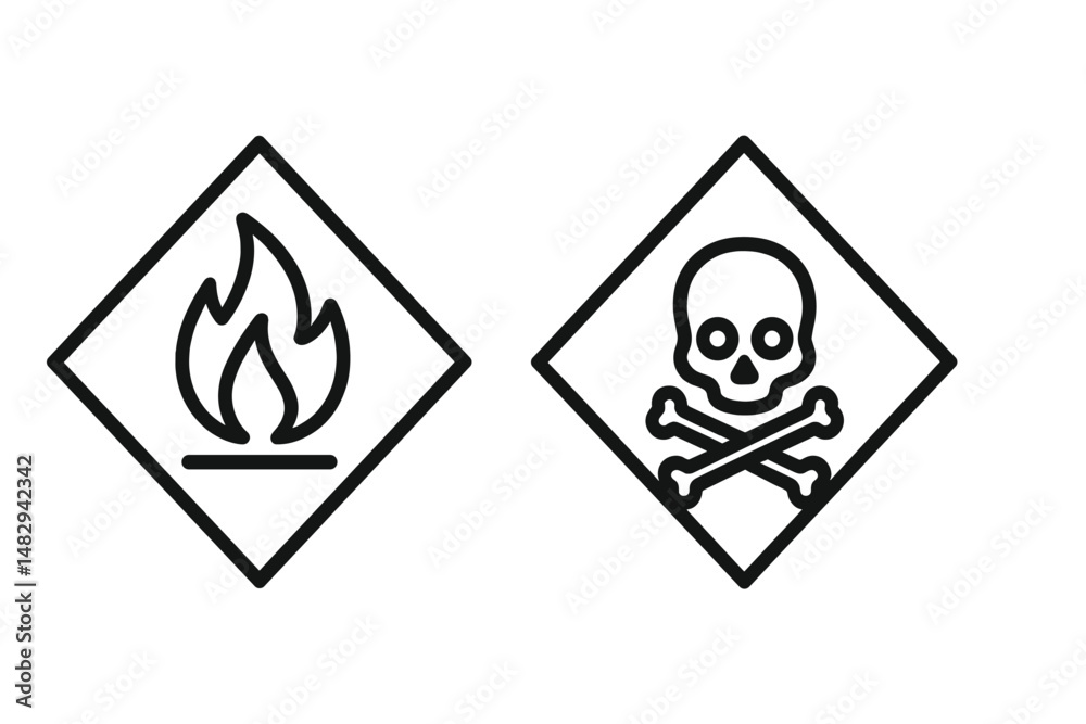 Hazard symbols for flammable and toxic substances used in industrial safety protocols and ...