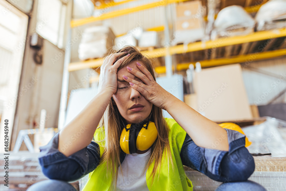 Frustrated Female Worker with Safety Gear in Warehouse Environment ...