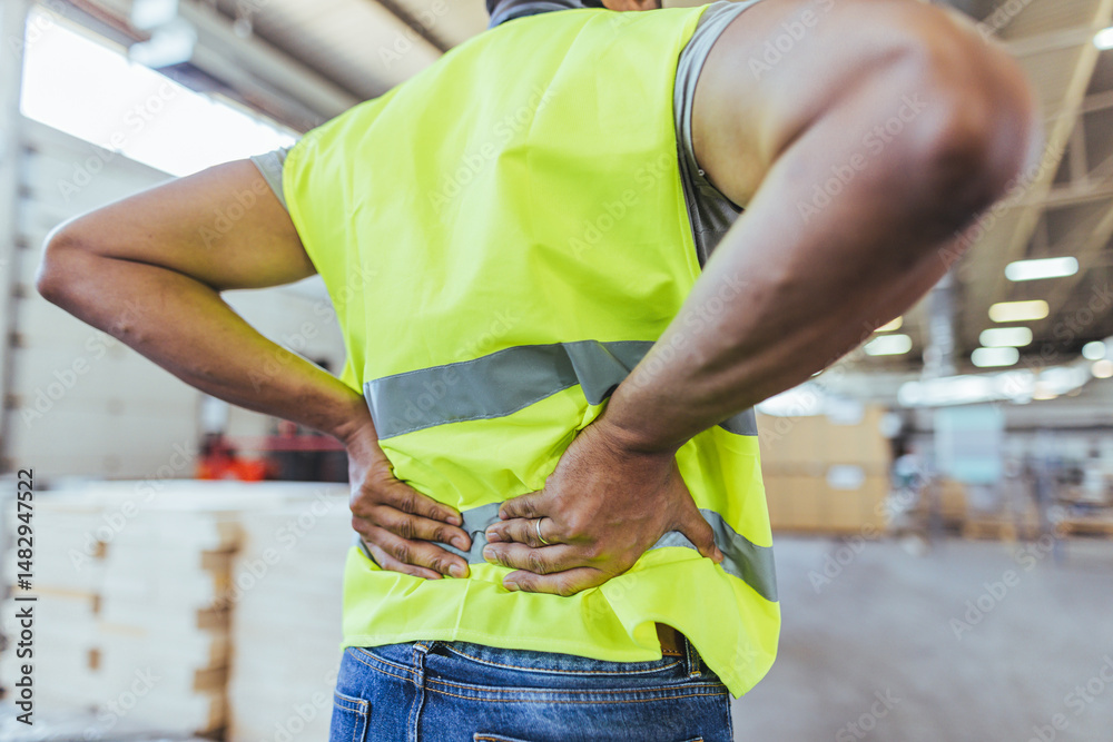 Worker Experiencing Back Pain in a Warehouse Environment Wearing High ...