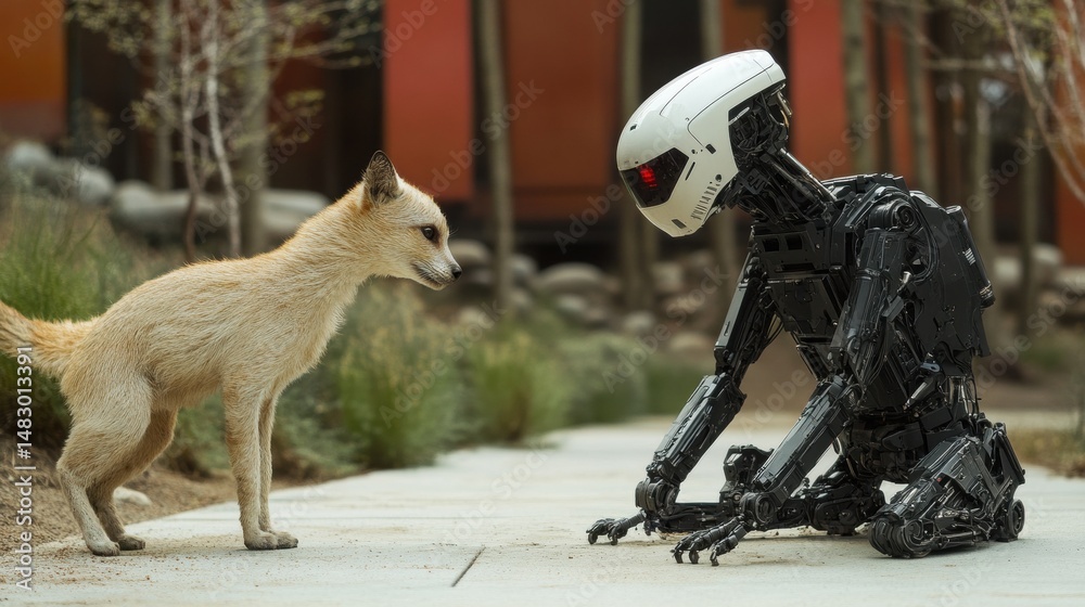 Curious fox and humanoid robot encounter in a natural setting Stock ...