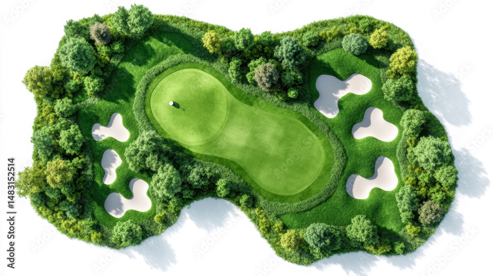 simple golf course map, top view, green fairways, sand bunkers, clean ...