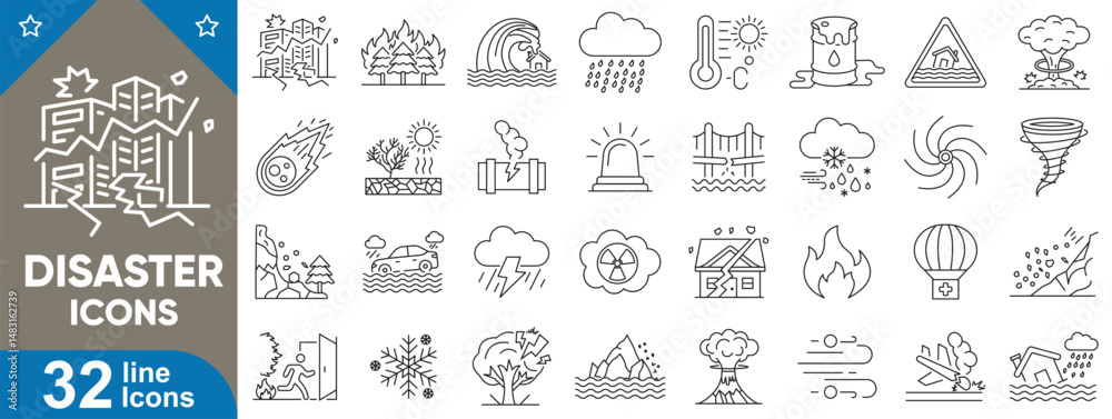 Disaster icons set. Earthquake, flood, tsunami, hurricane, tornado ...