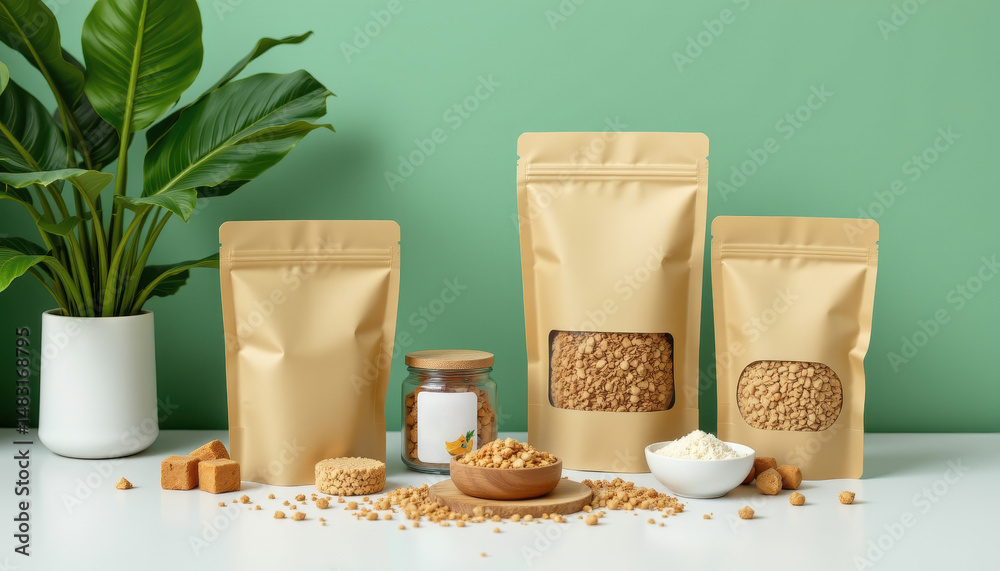 eco friendly kraft paper packaging with granular products flat lay ...