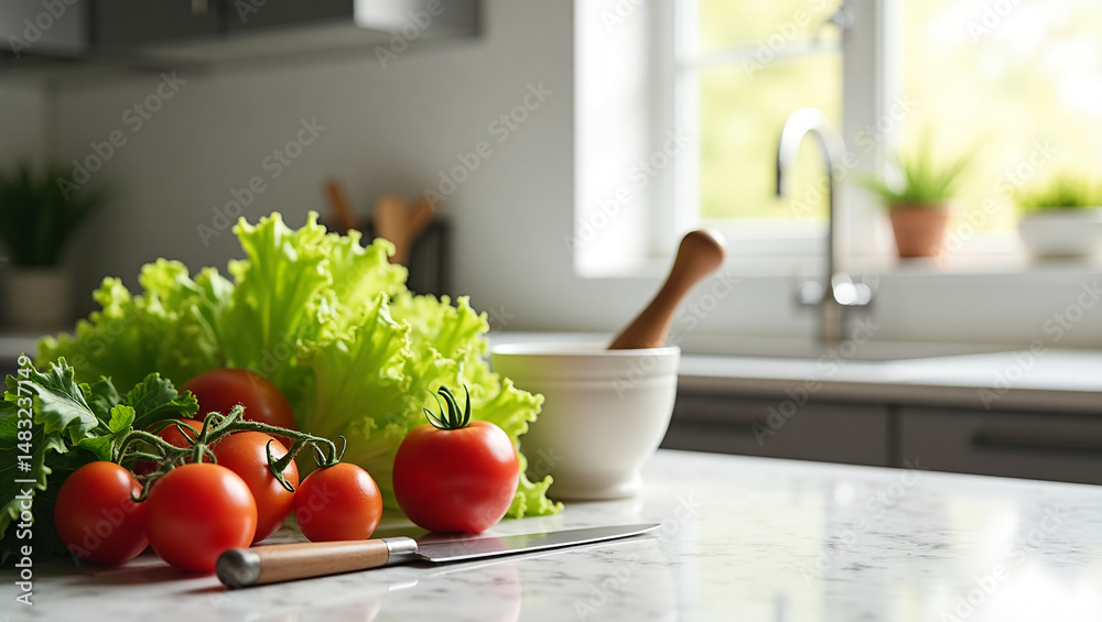 Modern kitchen counter with fresh vegetables and utensils. Brightly lit ...