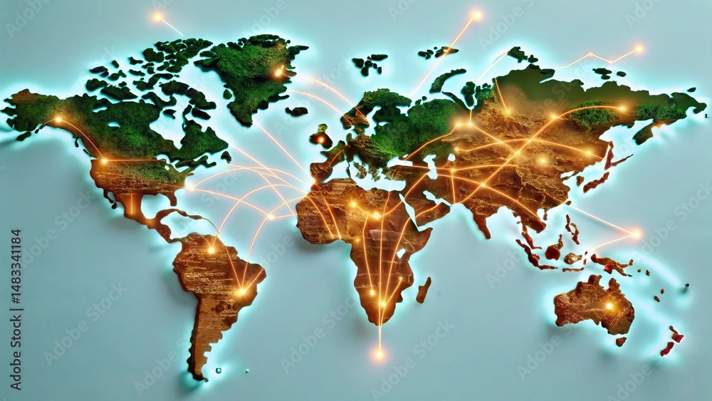 World map on a technological background, glowing lines symbols of the ...