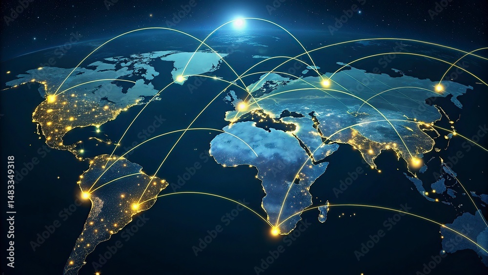 World map on a technological background, glowing lines symbols of the ...